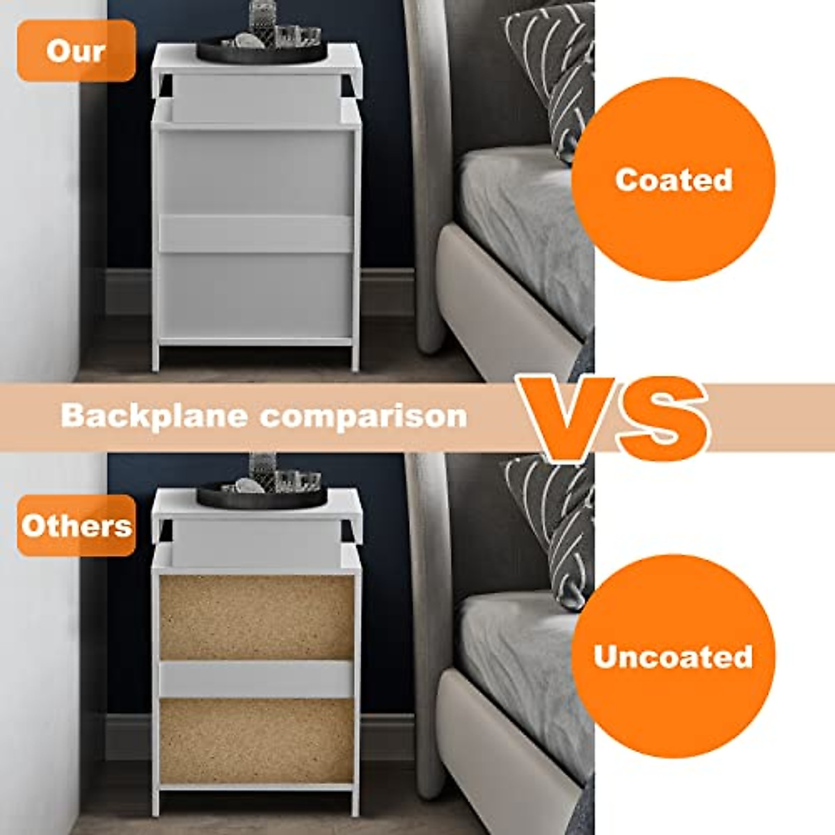 TUKAILAi Set of 2 Modern Nightstand with LED Light, High Gloss Bedside Table Cabinet with 3 Drawers and Top Storage, Chest of Drawers for Bedroom Living Room (White)