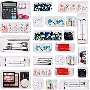 Cq acrylic 25 PCS Clear Drawer Organizers Set,4 Sizes Plastic with Vanity Storage Bins,Desk Drawer Dividers Trays Pads for Makeup,Bathroom and Kitchen
