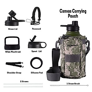 64 oz Water Bottle Stainless Steel with Straws & 3 Lids, Double Wall Vacuum Insulated Half Gallon Water Bottle with Sleeve & Carry Pouch, 64oz Leak Proof Metal Thermos Water Jug for Sport Camping