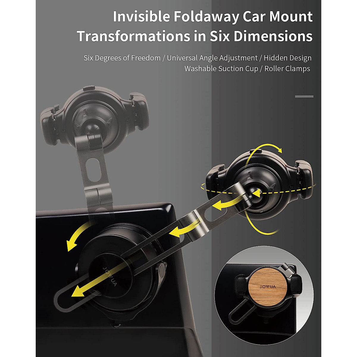 Jowua 6D Tesla Compatible Invisible Foldaway Car Mount (Universal Roller Mount) Compatible for Tesla Tesla Model 3/ Y, Model S/X Plaid (6D Suction Cup)