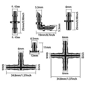 Unoutur 300 Pcs Barbed Connectors Drip Irrigation Fittings Kit, 1/4" Drip Irrigation Kit for Garden Flower Pot Greenhouse Lawn (Straight Barbs,Single Barbs,Tees,Elbows,End Plug,4-Way Coupling)