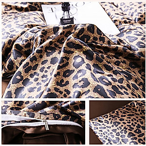 ErZhuiZi Luxury Satin Silky Duvet Cover Set with Fitted Sheet 4pcs Silk Bedding Set with 2 Pillowcases Leopard Print Comforter Cover,LeopardPrint-Queen