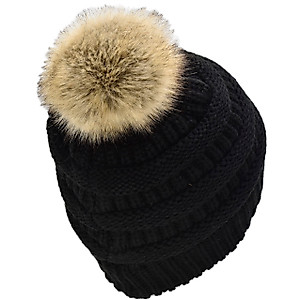 C.C Trendy Fuzzy Sherpa Fleece Lined Warm Soft Stretch Cable Knit Faux Fur Pom Pom Skull Cap Cuff Beanie Hat