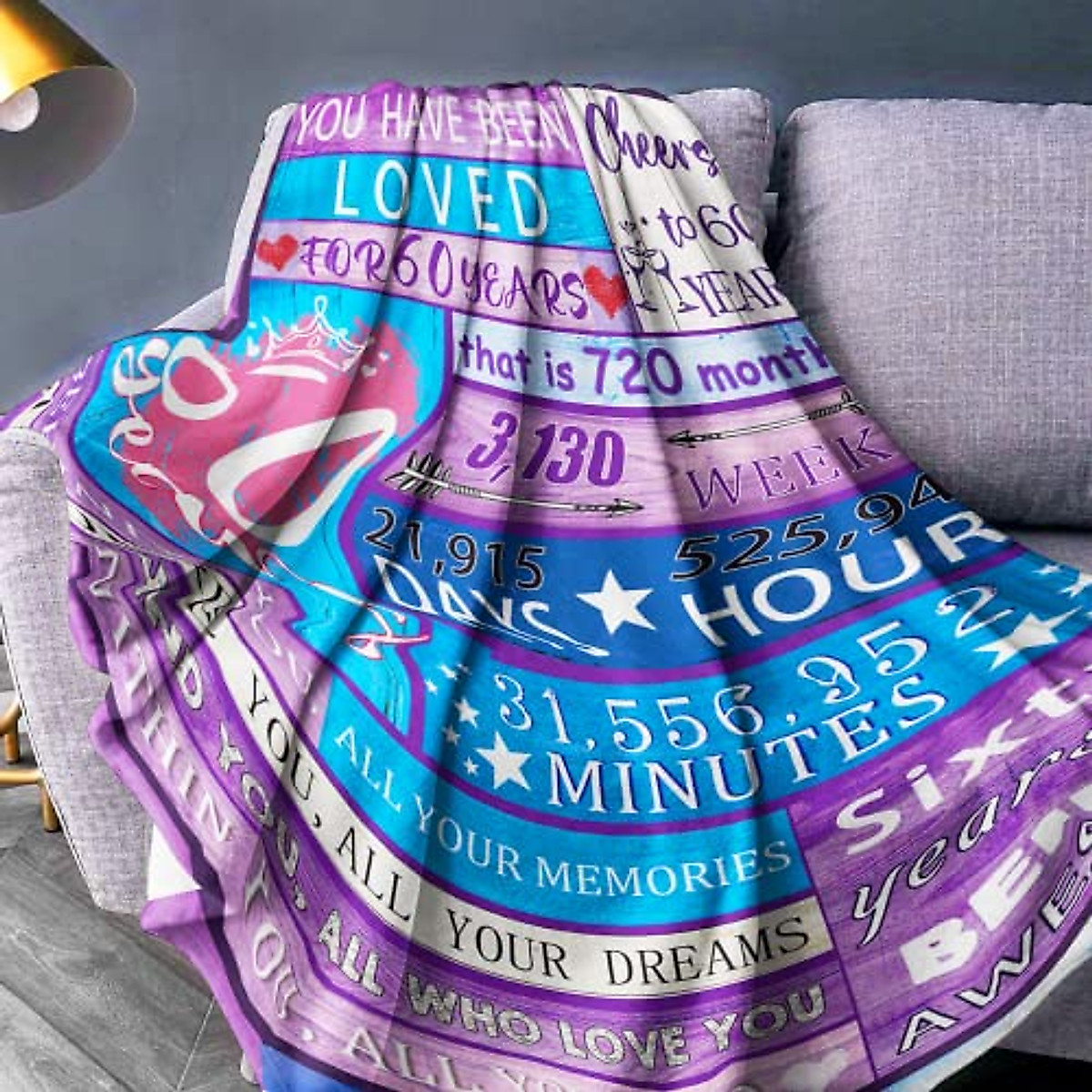 DULNYEI 60th Birthday Gifts for Women Blanket 60th Birthday Gift Ideas 60Year Old Gifts for Women Funny 60th Gifts for Women Turning 60 Birthday Gift for Wife,Sister,Daughter,Friend,Blanket 60x50In