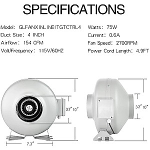 iPower Inline Duct Ventilation Fan with Variable Speed Controller HVAC Exhaust Blower for Grow Tent