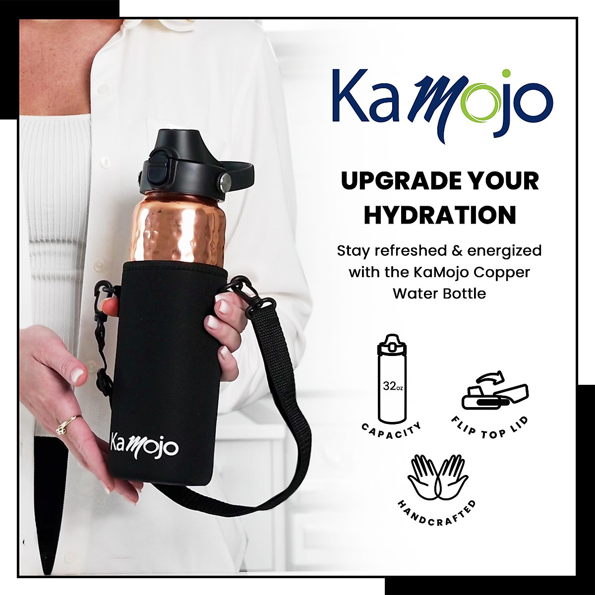 Copper Water Bottle for Drinking - Hammered Pure Copper Water Bottle with Push Button Lid, Removable Sleeve & Copper Straw - Handcrafted Water Bottle Copper Cup 32 fl oz