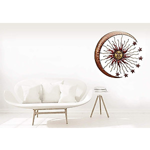 Bellaa Metal Wall Art Sun Moon Stars Indoor Crescent Celestial Outdoor Hanging Garden Home Decor Large 24 inch