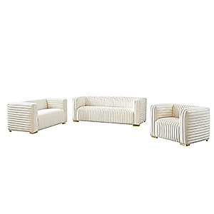 Meridian Furniture 640Cream-S Ravish Collection Modern | Contemporary Velvet Upholstered Sofa with Deep Channel Tufting + Both Gold & Chrome Legs Included