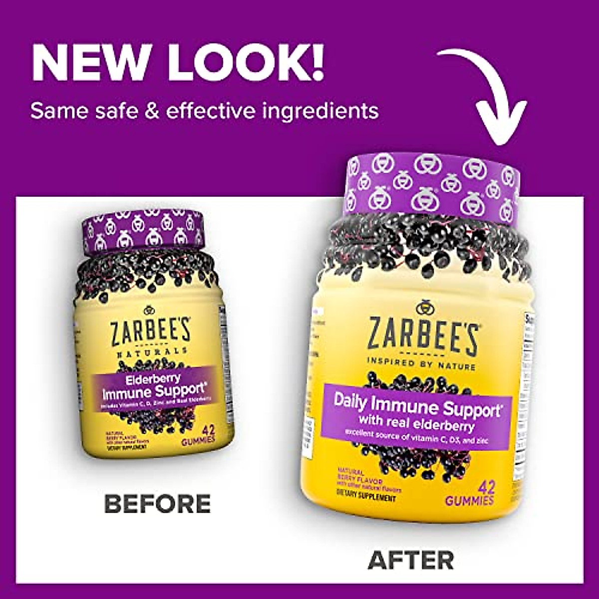 Zarbee's Elderberry Gummy Daily Immune Support Supplement with Vitamins A, C, D, E & Zinc, Black Elderberry Fruit Extract, Natural Berry Flavor, 42 Count