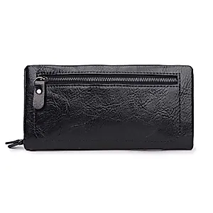 CornerLife Women Zipper Wallets with Wristlet Large Capacity Long Wallet Clutch Checkbook Purse Wallet Oil Wax PU Leather Ladies Wallets (Black)