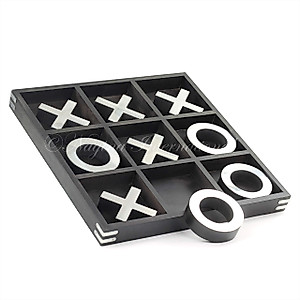 14" Large Elegant Premium Black Tic Tac Toe Board Game | Wooden Puzzle Game | Coffee Table Wooden Decor & Games with Nickel Sheathed Pieces