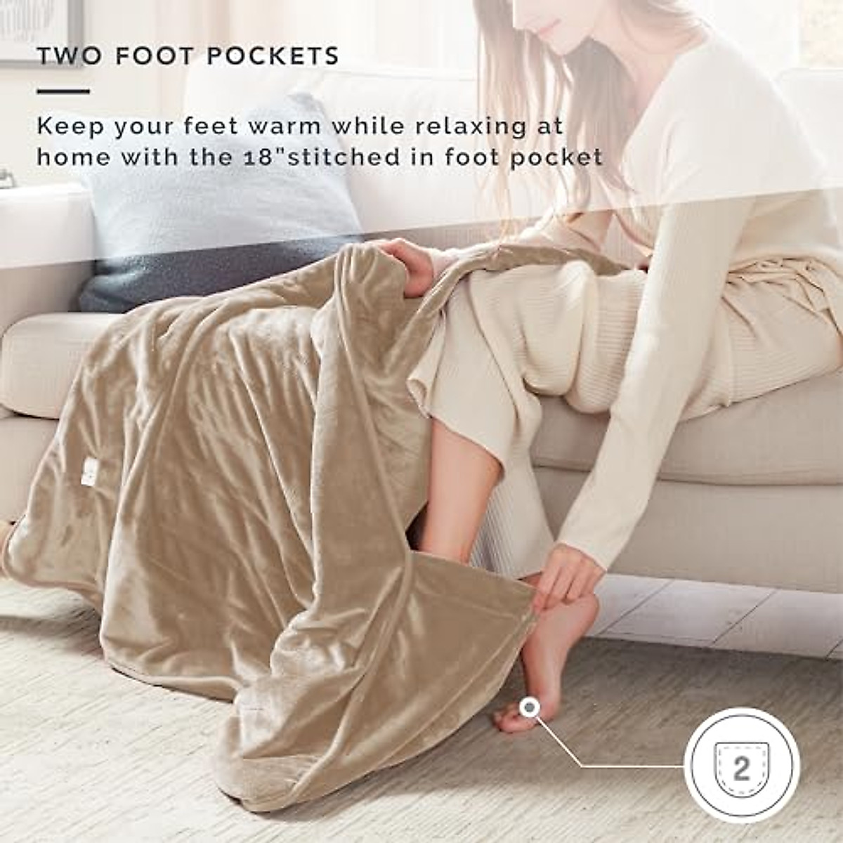 Degrees of Comfort Electric Throw Blanket Beige 50" x 60" | Lap Electric Blanket - Home, Couch | 3 Heat Settings W/ 2 Hour Auto Shut Off | Machine Washable