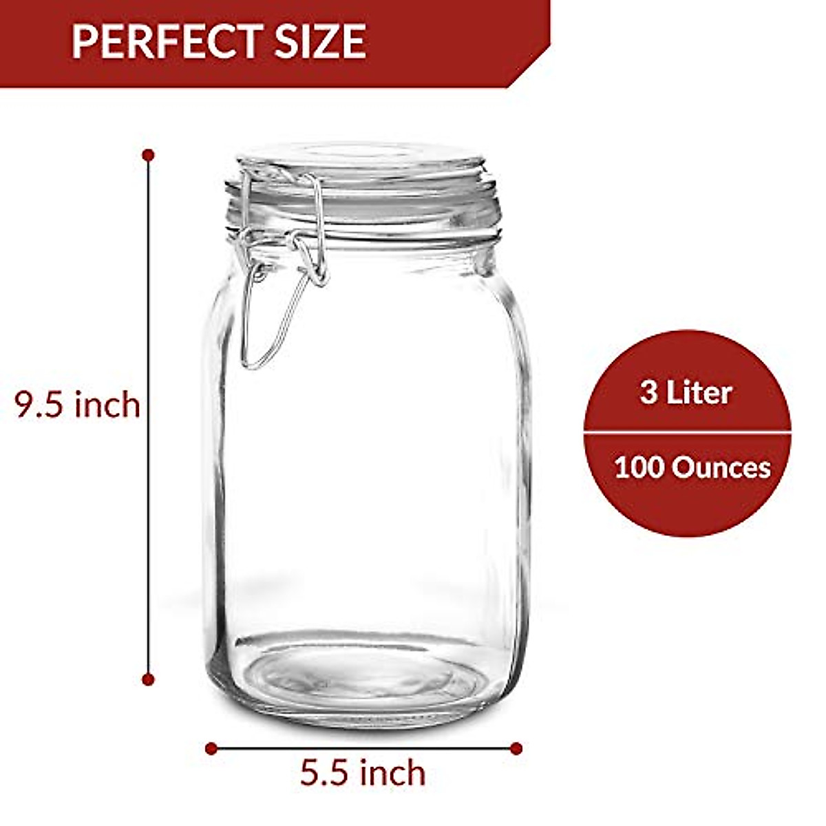 Set of 2 Large Glass Mason Jar with Lid (3 Liter) | Airtight Glass Storage Container for Food, Flour, Pasta, Coffee, Candy, Dog Treats, Snacks & More | Glass Organization Canisters 100 Ounces
