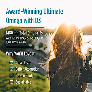 Nordic Naturals Ultimate Omega Xtra, Lemon Flavor - 60 Soft Gels - 1480 mg Omega-3 + 1000 IU Vitamin D3 - Omega-3 Fish Oil - EPA & DHA - Brain, Heart, Joint, & Immune Health - 30 Servings