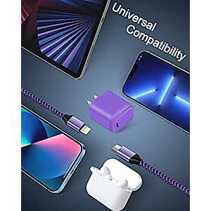 Power Delivery 20W Type USB C Quick Charging Wall Charger Adapter with 3FT Type-C to Lightning Cable for iPhone 14/14 Plus/14Pro/14 Pro Max/13/13Pro/13 Pro Max/12/12Pro/12 Pro Max/11/11 Pro Max-Purple