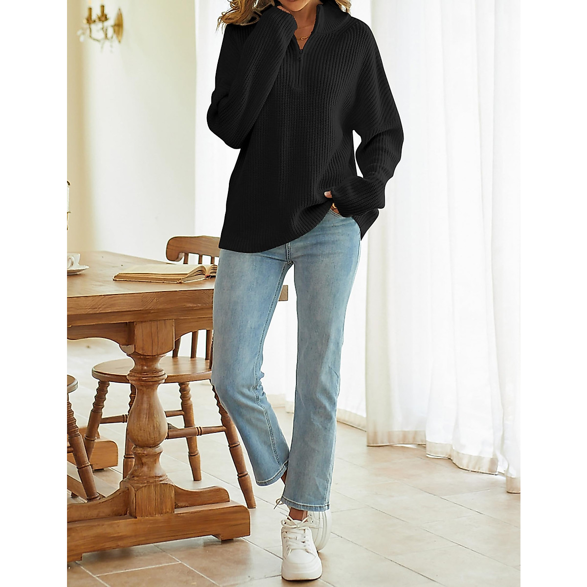 MEROKEETY Women's 2024 Long Sleeve Chunky Knit Sweaters 1/4 Zip Polo V Neck Casual Pullover Tops,Black,S