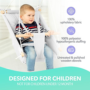 CaTeam - Canvas Kids Swing, Wooden Hanging Swing Seat Chair with Safety Belt, Durable Toddler Swing Chair, Outdoor and Indoor Swing for Kids, Mounting Hardware Included, Ivory