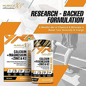 Calcium + Magnesium + Zinc & K2 - MK7 Daily Vital with Alfalfa Extract, Vitamin B12 and D3, 60 Tablets