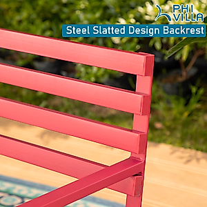 PHI VILLA Outdoor Garden Bench, 48” Long Metal Steel Bench with Backrest and Armrests, Modern Slatted Design for Patio, Lawn, Balcony, Yard, Porch and Indoor - Red