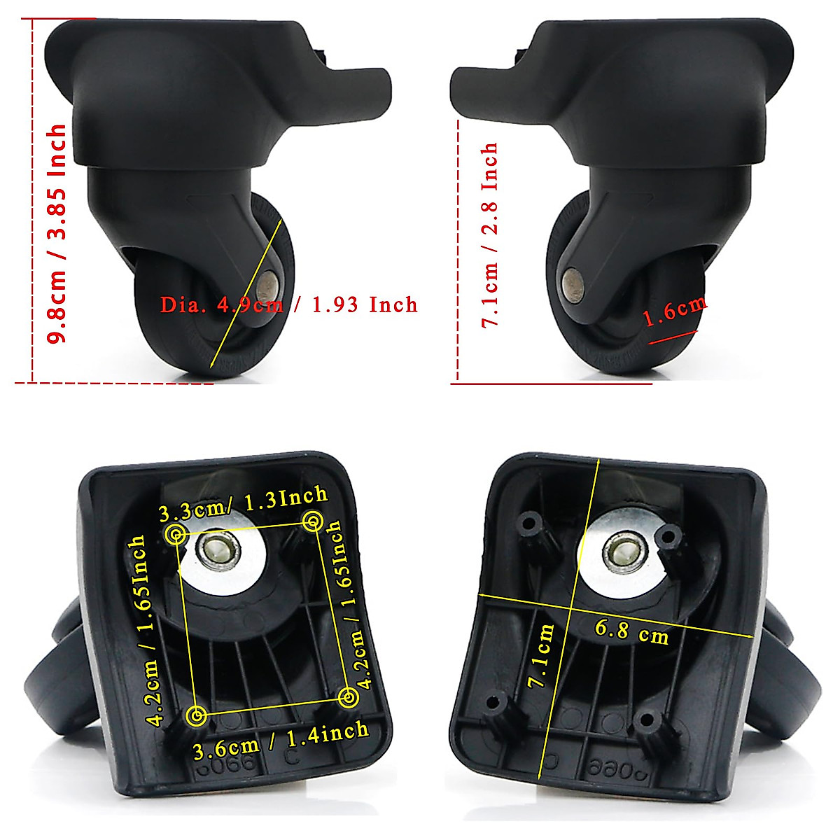 TarppedRock Replacement Luggage Wheels for Suitcases Repair, Set of 4, Luggage Spinner Wheel Replacement Repair Casters for Travel Customs Trolley Bag (TR44R - 4 Pcs)