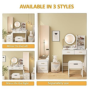 White Vanity Desk with Mirror and Lights & Full Length Mirror, Vanity Mirror with Lights Desk and Chair & Charging Station, 4 Drawers and Lots Storage Shelves