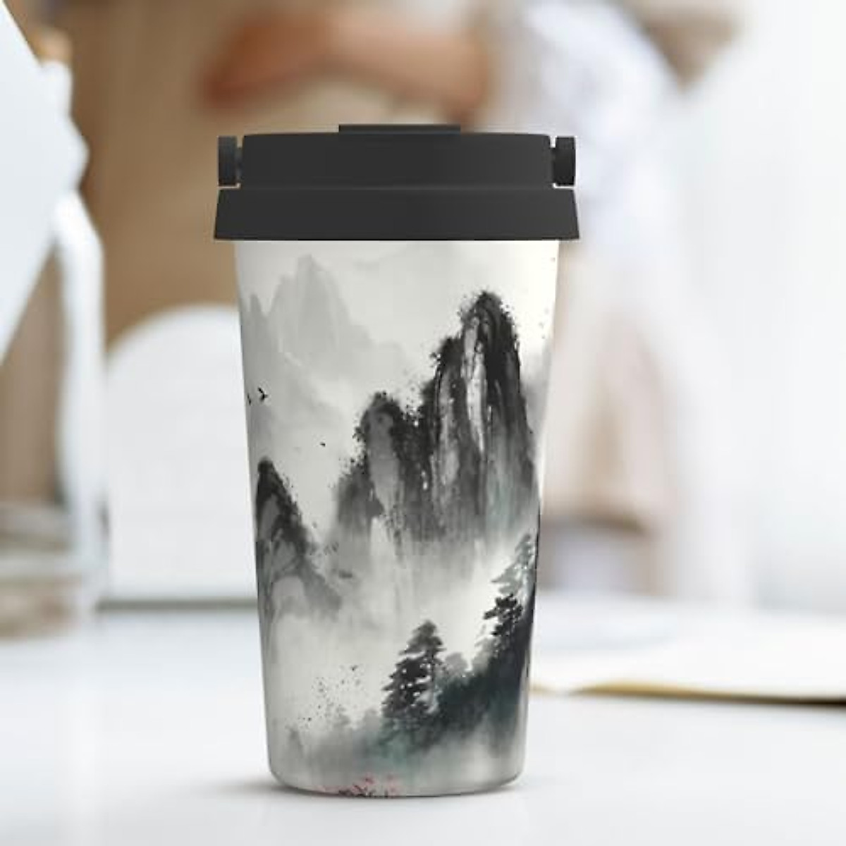 GTKSYNVE Reusable Coffee Mug with Lid and Handle, Ink Painting Style Mountain Tumbler for Hot & Cold Drinks 16oz Stainless Steel Insulated Coffee Tumblers Double Wall Vacuum Thermal Cup