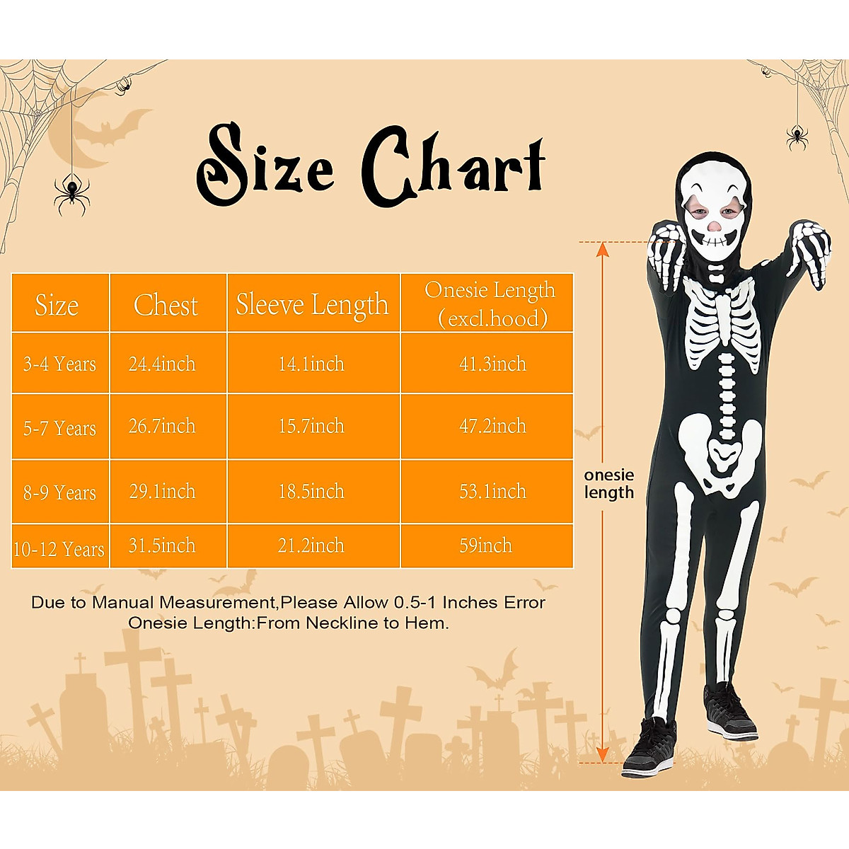 FAYBOX Skeleton Costume for Kids Boys,Glow in The Dark Halloween Costume Skeleton Onesie for Toddler(8-9)