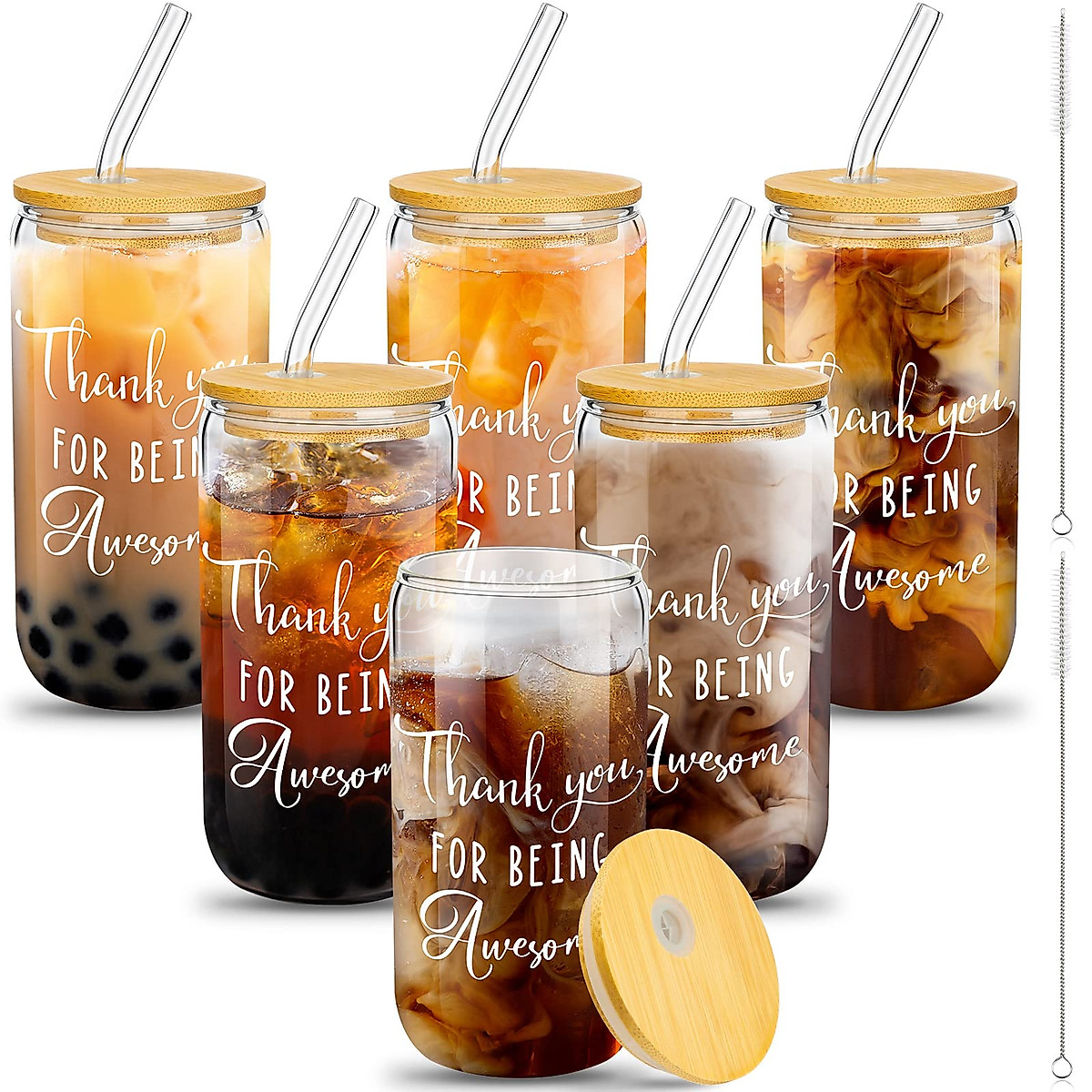 Purpeak 6 Set Team Gifts for Employees Thank You Gifts Teacher Staff Appreciation Gifts 16oz Can Shaped Beer Glass with Lids Straws Brushes Thank You Cups for Nurse Coworkers(Stylish Style)