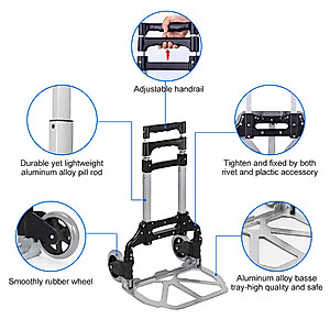 HBFBDRCT Folding Hand Truck, 165lbs Capacity Lightweight Portable Folding Dolly Multi-fuctional Foldable Hand Cart Heavy Duty Utility Cart for Home Shopping Office and Travel Use (Black 2 TPR Wheels)