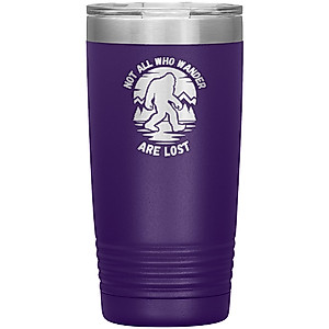 Bigfoot Tumbler Cup with Lid - Not All Who Wander Are Lost - Double Walled, Insulated Sasquatch Travel Coffee Mug - 20 oz (Purple)