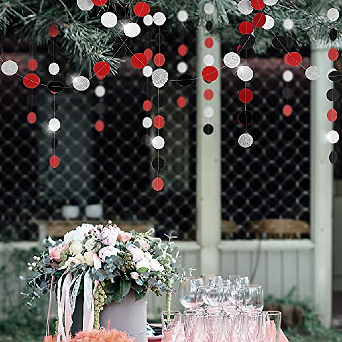 WEVEN Red Black Silver Glitter Paper Garland Circle Dot Streamer Party Banner Backdrop Hanging Decorations, 2.5" in Diameter, 20 Feet in Total