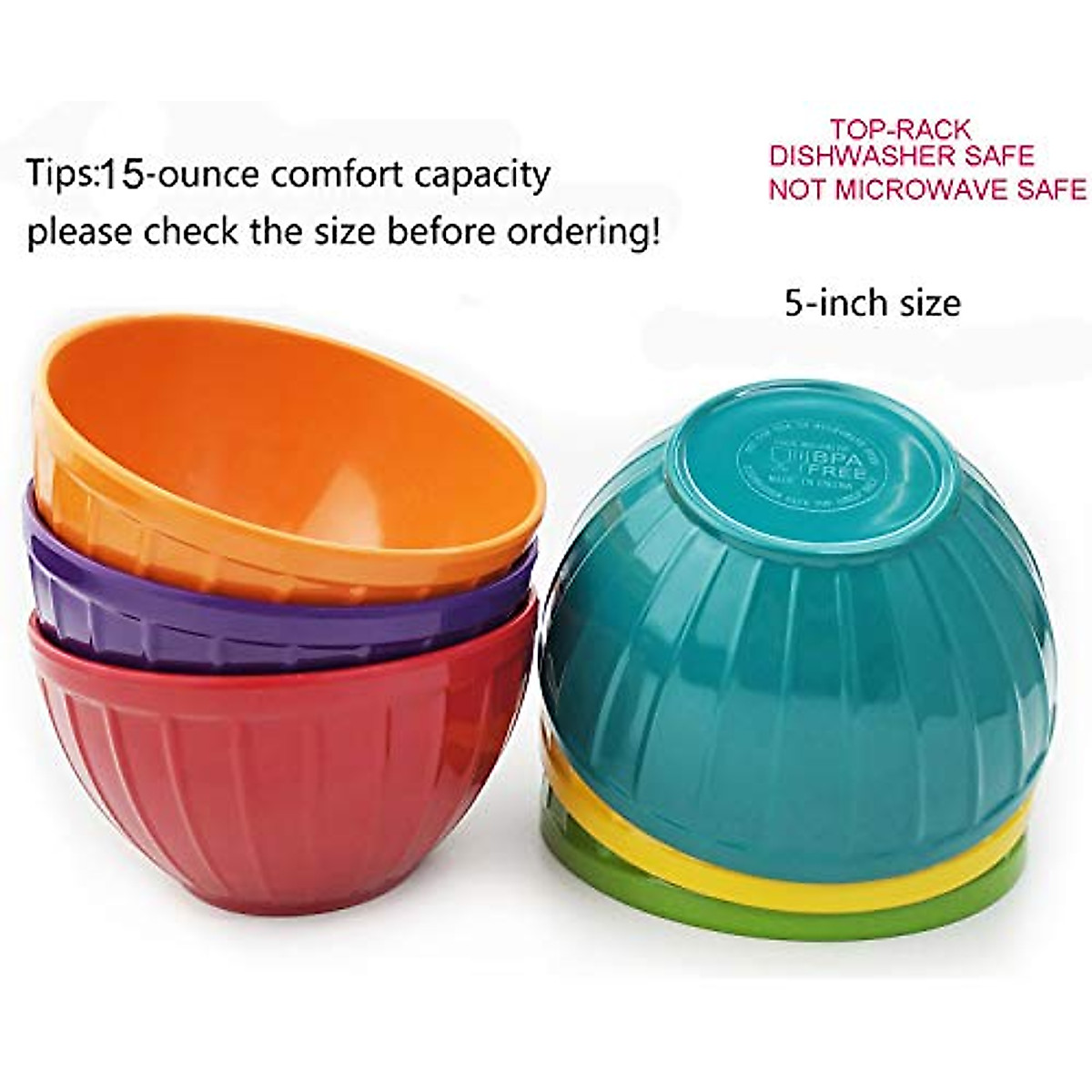 KX-WARE Melamine Fluted Bowls Set with Lids - 6pcs 15 oz Cereal/Prep Bowls, 6 Assorted Color | Break-resistant 100% Melamine Bowls and Plastic Lids | Dishwasher Safe, BPA Free