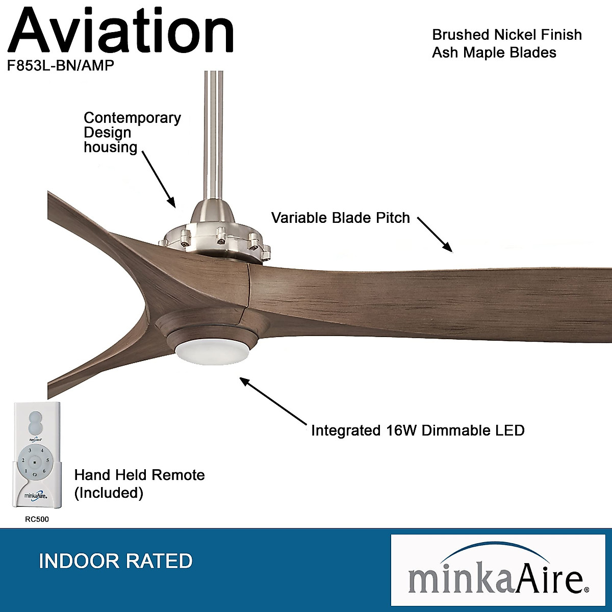 MINKA-AIRE F853L-BN/AMP Aviation 60 Inch Ceiling Fan with LED Light and DC Motor in Brushed Nickel Finish and Ash Maple Blades