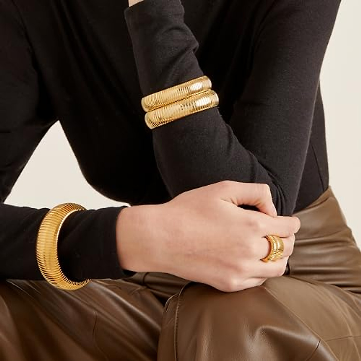 CONRAN KREMIX Gold Chunky Bangle Stretch Bracelets For Women 14K Real Gold Filled Stainless Steel Cuff Bracelet Non Tarnish Trendy Jewelry 20MM Width,8 Inches