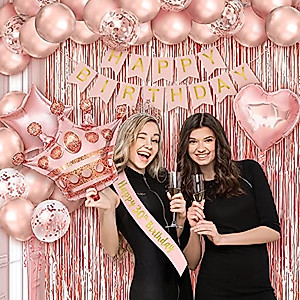 30th Birthday Decorations for Women, Rose Gold 30 Birthday Decorations for Her, Including Happy Birthday Sash, Crown, Banner, Foil Backdrops, Rosegold Balloons for 30th Birthday Party Supplies