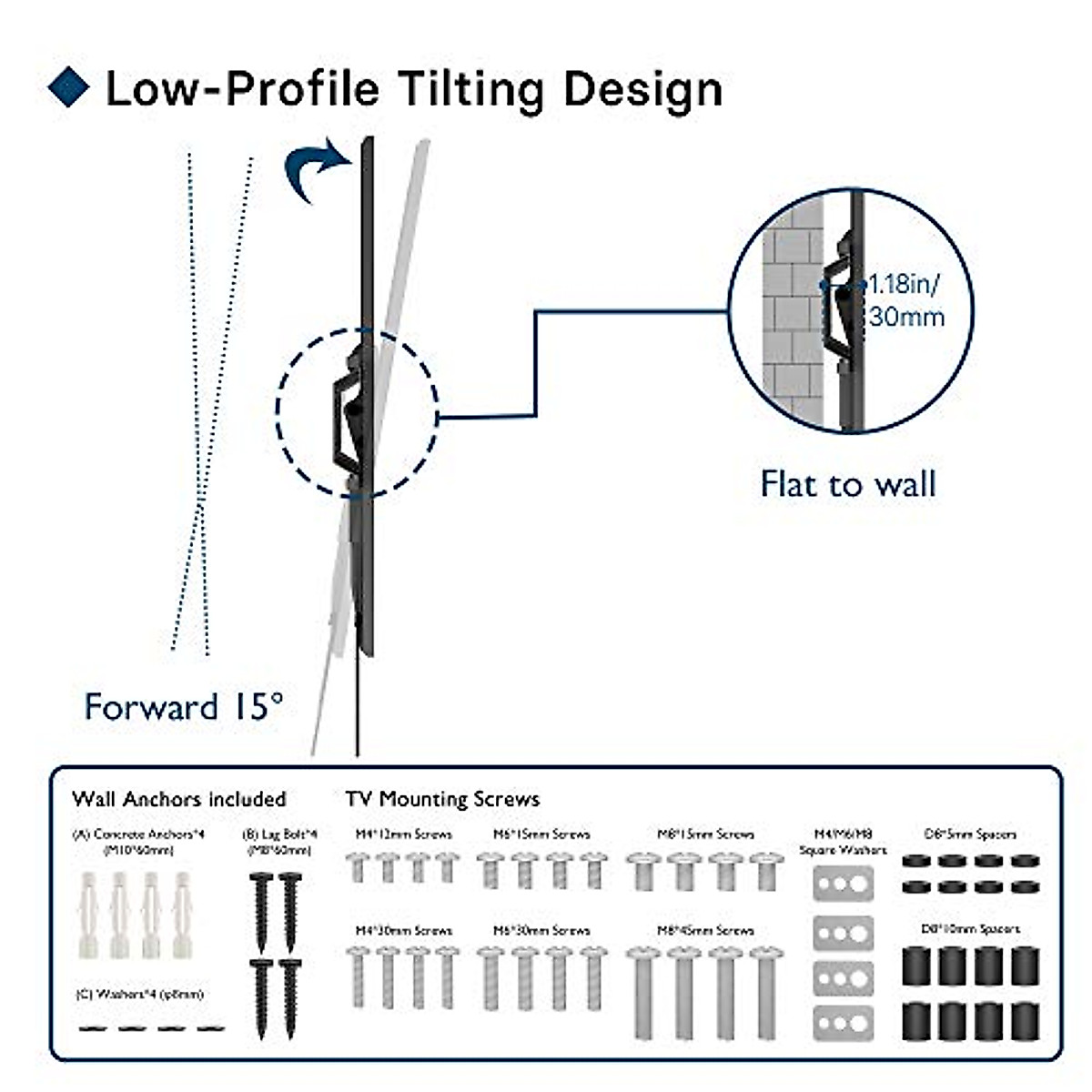 BONTEC Low Profile Tilt TV Wall Mount for 23-60 inch LCD LED OLED TVs, Ultra Slim TV Wall Bracket Loading Capacity 99LBS, Max.VESA 400x400mm