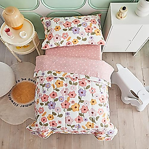 Cotton 4 Pieces Pink Flowers Toddler Bedding Set with Pink Orange Purple Flowers Includes Adorable Quilted Floral Comforter, Pink Fitted Sheet, Top Sheet, and Pillow Case for Boys Girls