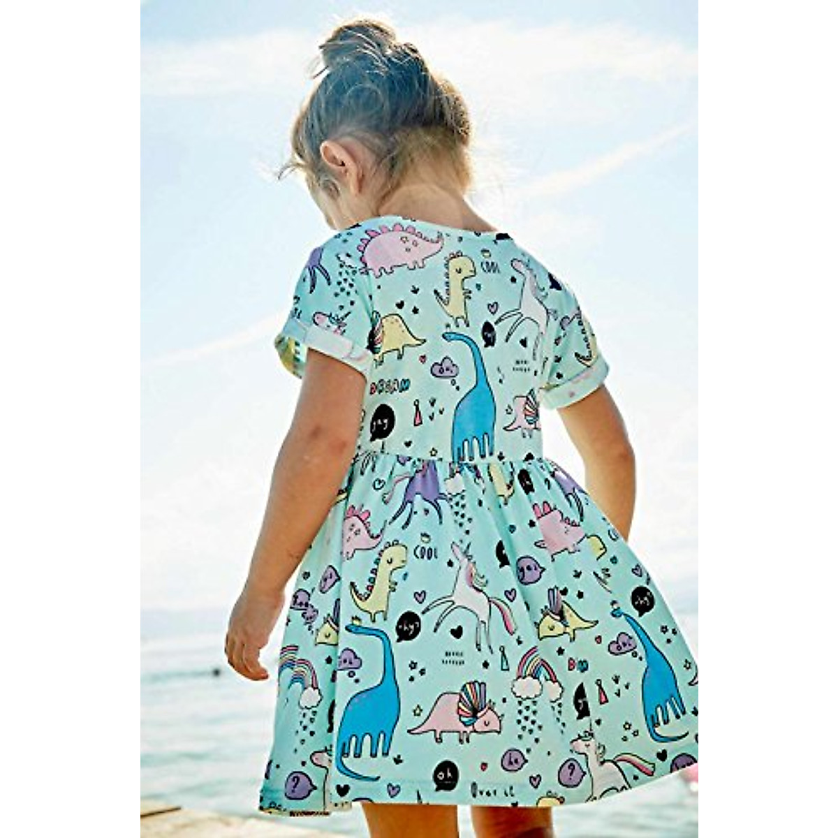 Toddler Girl's Dinosaur Summer Dresses Clothes,Short Sleeve Casual Outfits 4t Blue