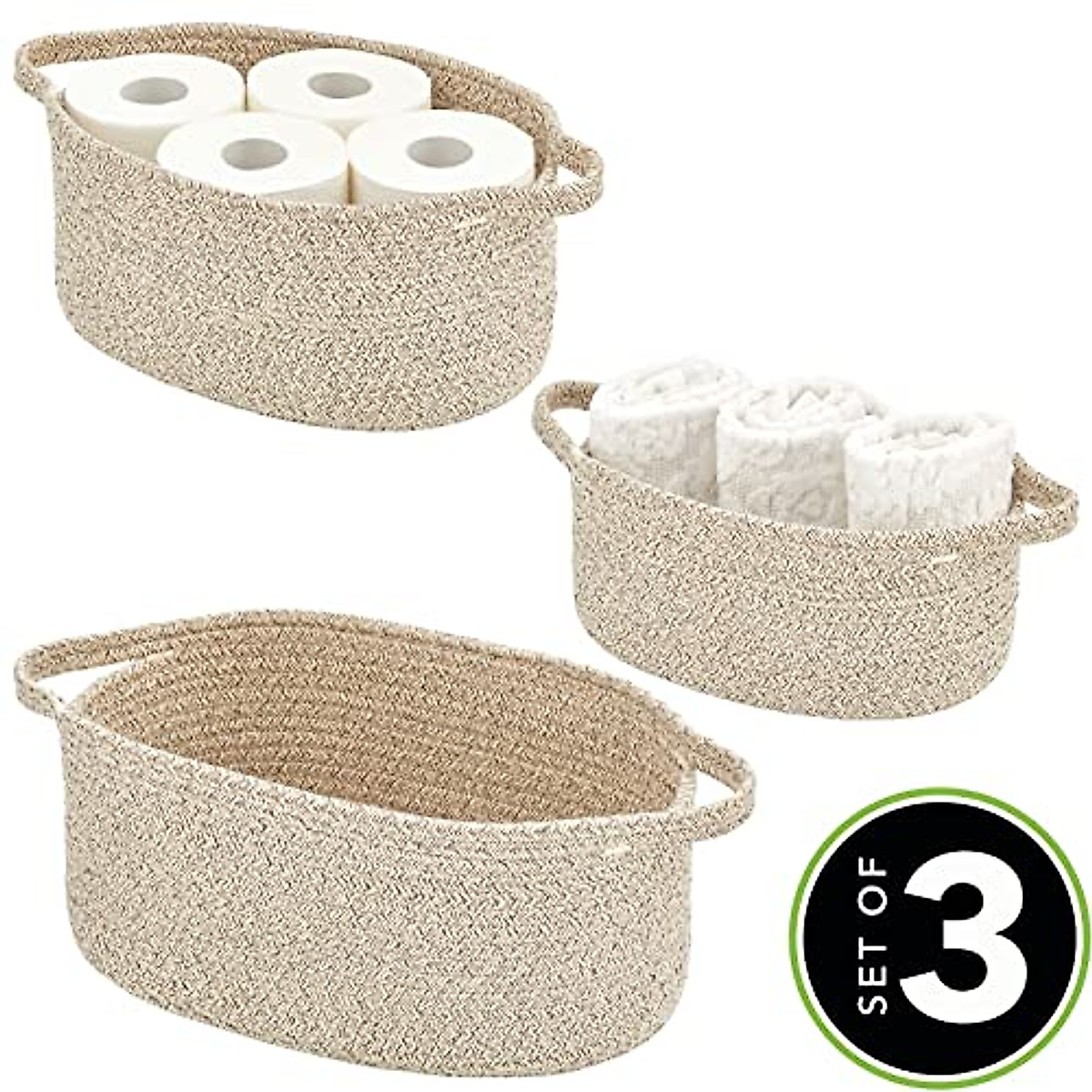 mDesign Rustic Casual Woven Cotton Rope Bathroom Basket with Handles - Storage Organizer Set for Countertop, Floor, Closet or Vanity - Holds Toilet Paper, Towels, or Magazines - Set of 3, Brown