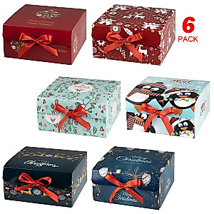 ARTLYMERS Christmas Gift Boxes with Lids, 6 Pack Gift Boxes and Red Ribbon Christmas Themed Pattern Small Gift Boxes for Christmas Presents Gifts Easy Assemble
