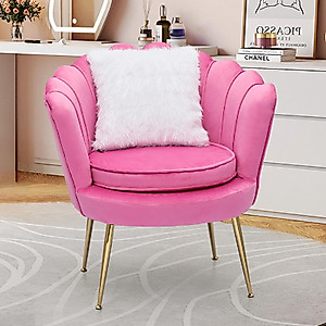 MoNiBloom Upholstered Velvet Accent Chair Elegant Mid-Century Modern Pink Shell Chair w/Cushion and Golden Legs, Retro Leisure Tufted Flower Chair for Living Room Bedroom Reading Areas