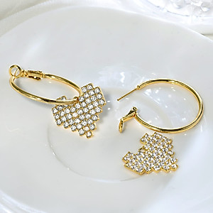 925 Sterling Silver Post Dangle Hoop Earrings for Women 14K Gold Plated Drop Hoops Pave Cubic Zirconia Big Heart-shaped Earrings for Women