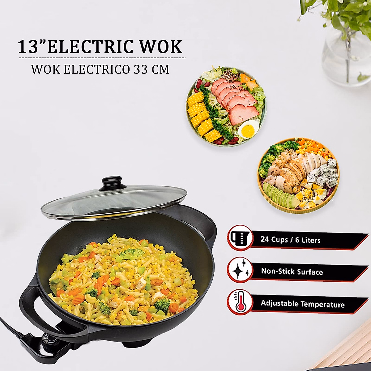 Nonstick Electric Skillet - with Vented Glass Lid (13-In, 6Qt)