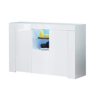 ARMCONE LED Sideboard Buffet Cabinet High Glossy Front Kitchen Sideboard with Storage Large Buffet Table Wooden Bar Cabinet for Kitchen Dining Room Hallway Living Room (45.67" Wx13.82 Dx31.89 H)