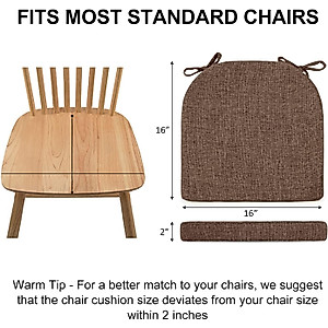 Wellsin Chair Cushions for Dining Chairs 6 Pack - Kitchen Chair Cushions with Ties and Non-Slip Backing - Dining Chair Pads 16"X16"X2", Brown