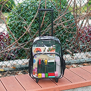 Rolling Clear Backpack, Heavy Duty See Through Bookbag, Transparent PVC Cold-resistant Backpack with Wheels ( Black)