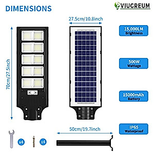 Viugreum 500W Solar Street Lights Outdoor with Motion Sensor, 900pcs LED, 6000K 50000LM IP65 Waterproof Solar Parking Lot Lights, Solar Powered Street Light for Barn, Yard, Street