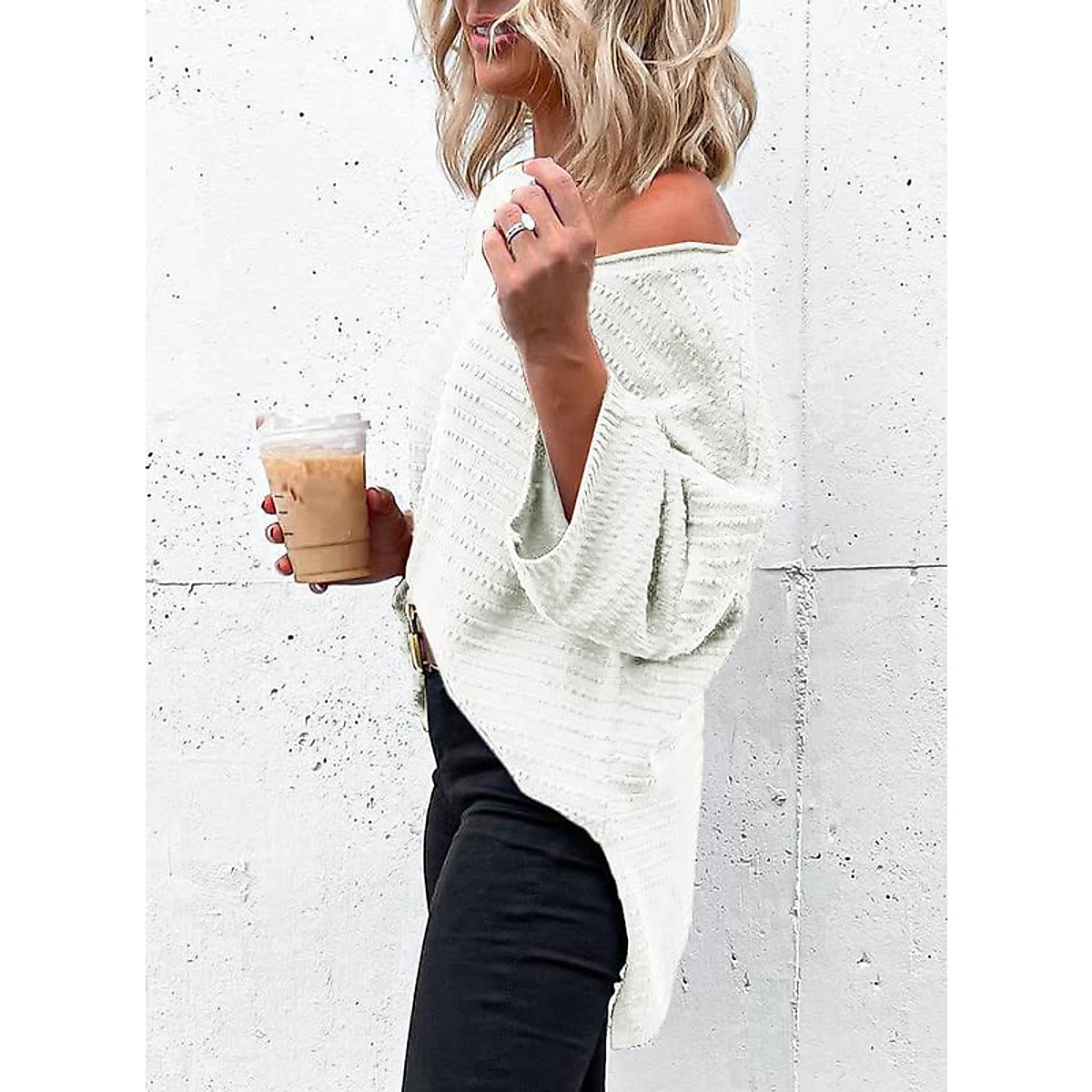 Dokotoo Womens Fashion Juniors Fall Summer Shirts and Blouses for Women 2023 Sweaters T-Shirts Off Shoulder 3/4 Sleeve Tunic Tops Loose Tee Shirts Beige Medium