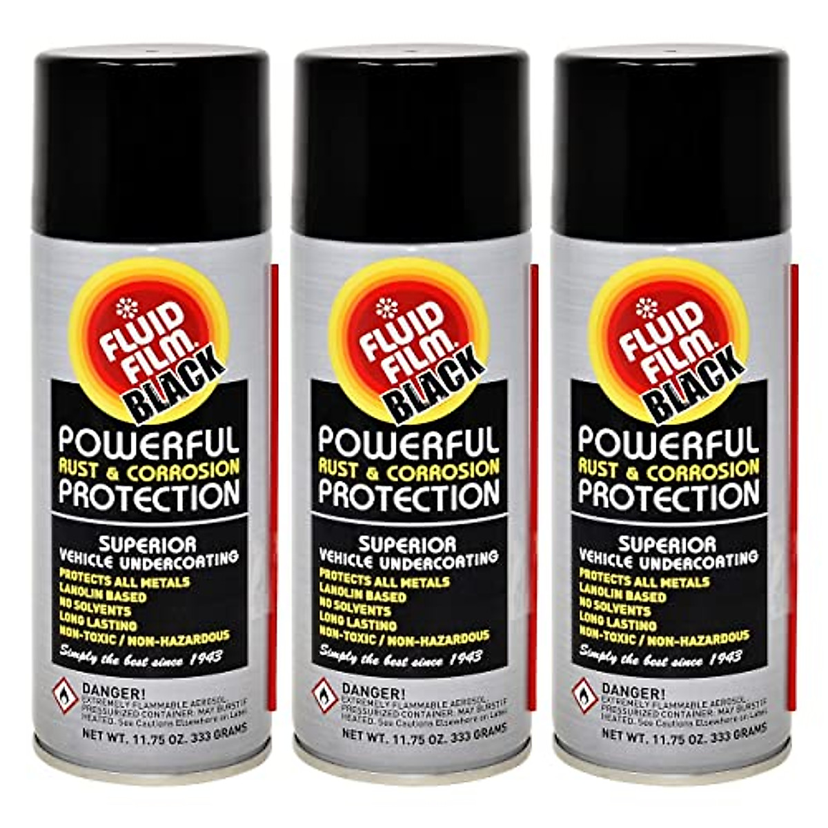 Fluid Film 12 Oz Undercoating Protection Aerosol Spray Can Black 3 Pack, Rust Inhibitor and Prevention, Anti Corrosion Multi Purpose Penetrant and Lubricant, Spray Can Extension Wand and Tissue Pack