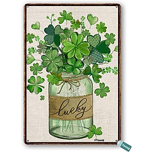 Teuoqi Retro Tin Sign St Patricks Day Green Shamrocks Clovers Mason Jar Lucky Welcome Holiday Decoration Valentines Day Metal Signs Wall Decor 6x8 in